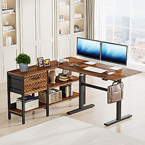 Tribesigns L Shaped Standing Desk with Storage Drawers, Height Adjustable Electric Standing Desk with Shelves & Hooks, Ergonomic Sit Stand Up Computer Desk Workstation for Home Office,Brown