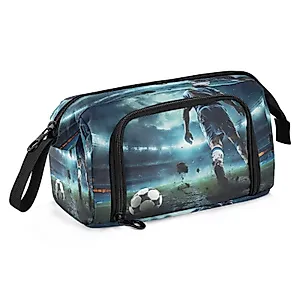 Emelivor Night Soccer Player Pencil Case Large Capacity Pencil Pouch Bag with Compartmens Pen Bag Case with Zipper Stationery Bag Pencil Organizer for School Office Girls Boys Adult College