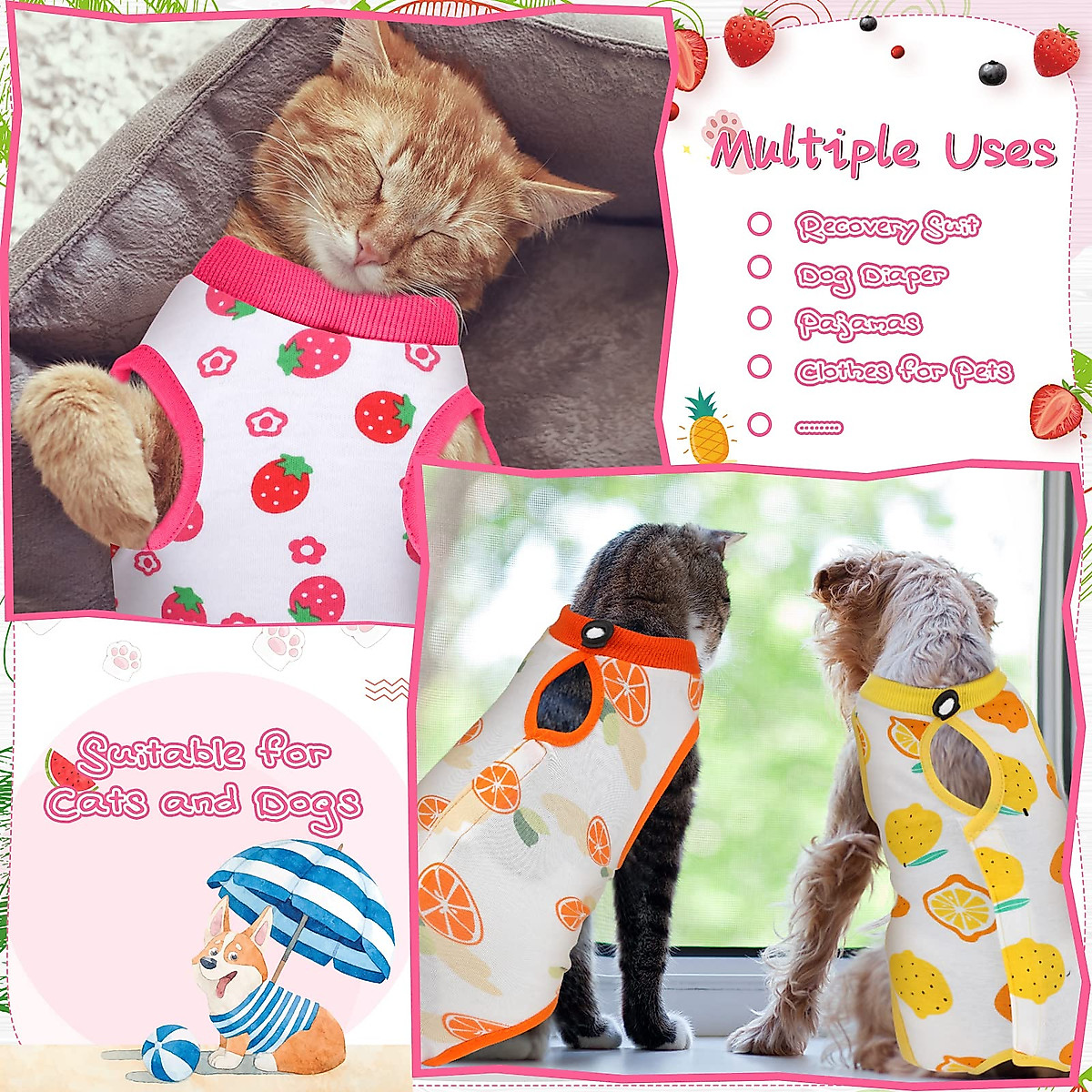 3 Pieces Cat Recovery Suit Kitten Recovery Suit E-Collar Alternative for Cats and Dogs Abdominal Skin Anti Licking Pajama Suit (Fruit Pattern, Medium)