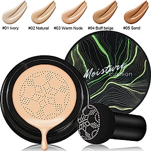 PHOERA Foundation Full Coverage Makeup, Mushroom Head Air Cushion CC Cream Natural Foundation, PHOERA Primer, PHOERA Powder, Brushes Foundation Brush,2 Makeup Sponge(102Nude+ 02Natural CC)