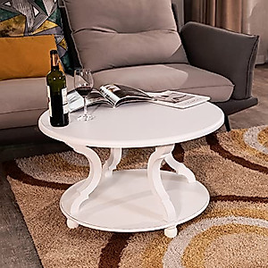 FINECASA Wood Coffee Table,Round Coffee Table Living Room, Round Cocktail Table with Storage, Sofa Table with Shelf, 31.0x18.3 Inches, Accent Tables with Carved Legs for Living Room, White