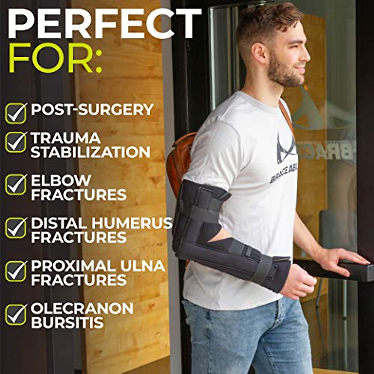 BraceAbility Elbow Immobilizer Brace | Removable Long Arm Cast and Soft Forearm Orthosis Splint for Broken Supracondylar, Distal Humerus, Proximal Ulna Fracture or Olecranon Bursitis (S/M)