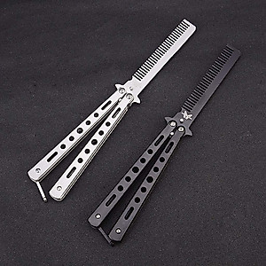 ZERIRA 2 Pcs Outdoor Camping Practice Comb Butterfly Comb Knife Novel Stainless Steel Butterfly Comb Modeling Tool