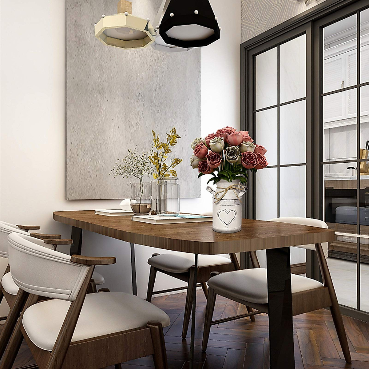 Timoo Rustic Milk Jug Vase Metal Milk Can Decor White Farmhouse Vase with Heart-Shaped for Wedding, Home, Living Room, Bathroom, Dining Table, Desk, Office, Garden Decoration