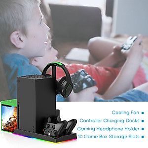 Upgrade Stand for Xbox Series X with Back Cooling Fan& RGB Lights, Charging Station with Controller Charger Dock &Game Storage Rack Organizer& Headset Stand with 2X1400 mAh Rechargeable Battery Pack