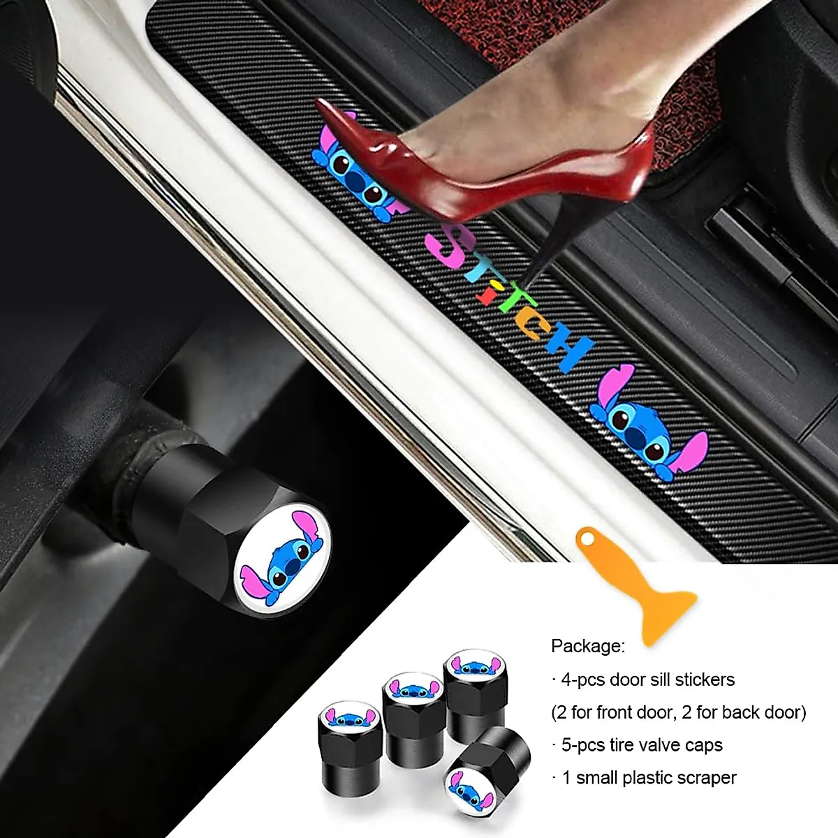 4PCS Cute Funny Cartoon Door Sill Protector with Tire Valve Stem Caps Set, Carbon Fiber Universal Door Sill Sticker Alloy Tire Caps Anti Scratch Decor Anime Car Accessories Set for Fan Gifts