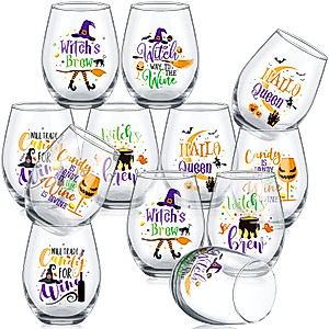 Maxcheck 12 Pcs Halloween Stemless Wine Glasses 15oz Witches Wine Glasses Hallo Queen Drinking Glasses Ice Coffee Beer Beverages Clear Tumbler Cup Halloween Gifts for Women Men Party Event Decorations