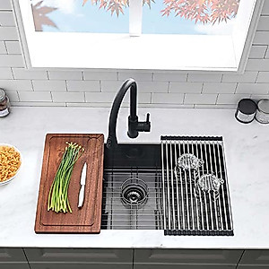 28 Inch Matte Black Kitchen Sink Undermount, Wesliv 28x19 Inch Undermount Matte Black Kitchen Sink 16 Gauge Deep Large Single Bowl Kitchen Sink with Cutting Board & Bottom Rinse Grid