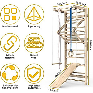 Jungle Gym, Wooden Swedish Wall Ladder Stall Bars Set, Indoor Playground Climbing Toys for Toddlers, Toddler Climbing Toys Indoor, Stall Bars for Exercise for All Family All Ages Training Stretching