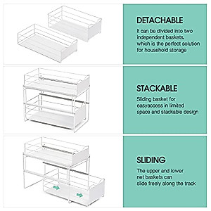 KINGRACK Stackable 2-Tier Cabinets Organizer With Sliding Storage Drawer, Pull Out Cabinets Home Organizer Shelf, Sliding Storage Basket Organizer, White