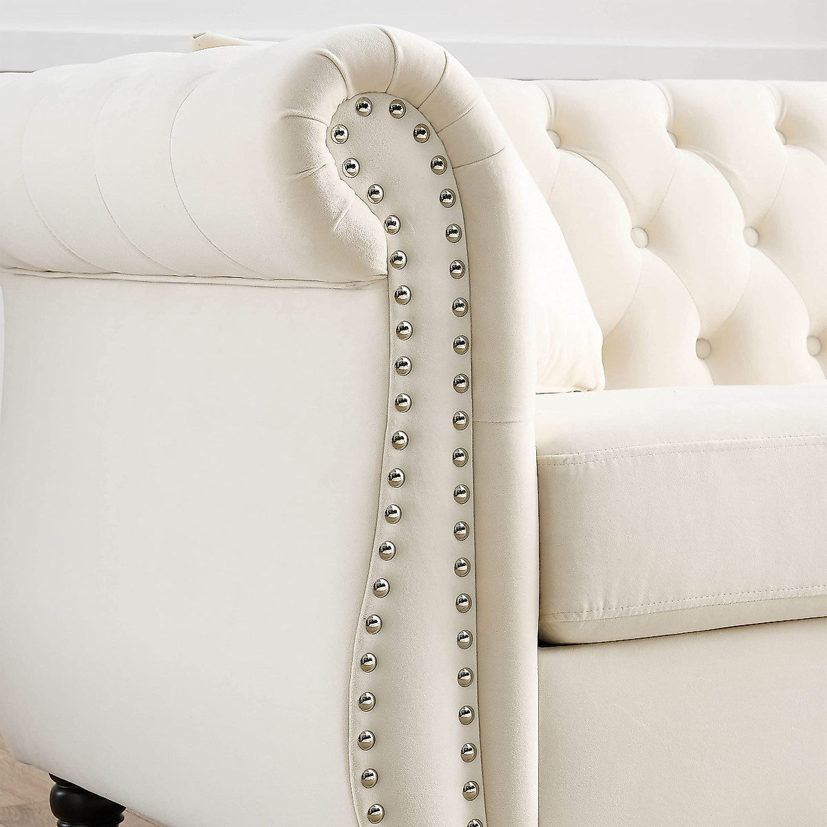 WILLIAMSPACE 80" Chesterfield Sofa Beige Velvet for Living Room, 3 Seater Sofa Tufted Couch with Two Pillows, Rolled Arms and Nailhead for Living Room, Bedroom, Office, Apartment - Beige Velvet