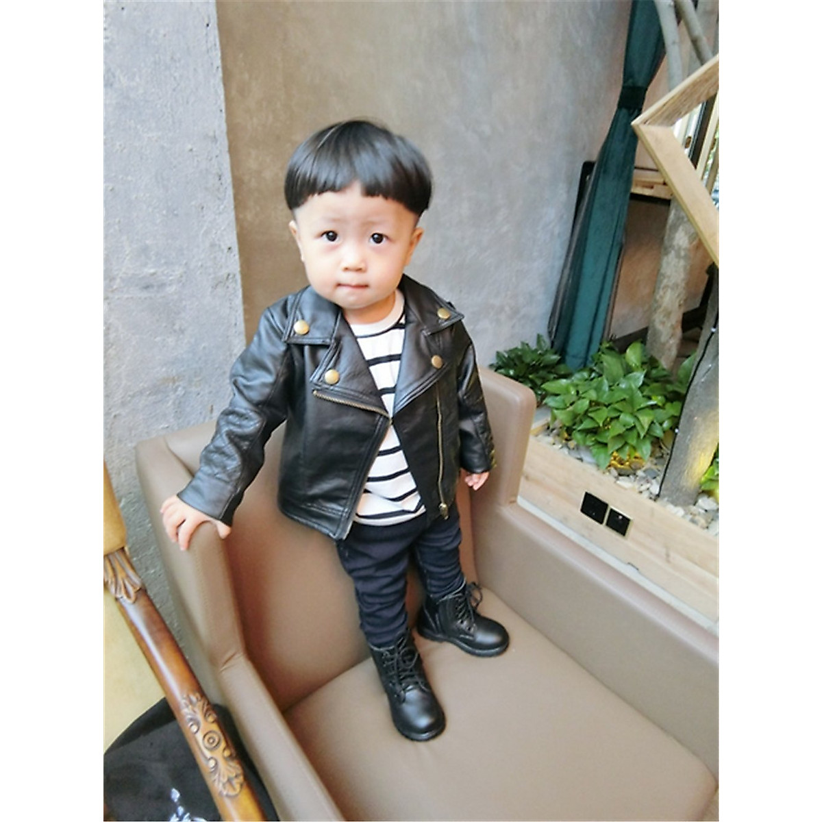 UNIQUEONE Baby Boys Girls Kids Outfits Spring Autumn PU Faux Leather Lapel Jacket Oblique Zipper Outerwear Coat size 6-12 Months/Tag5 (Black)