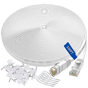 UDATON Cat 6 Ethernet Cable 100 Ft, High Speed Flat Ethernet Cable 100ft, Rj45 Internet Computer LAN Cable, Cat 6 Long Ethernet Cable for PS4,Box,Gaming Switch-White(Free Cable Clips and Straps)