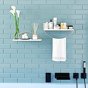 IRON WOOD Gold Wall Shelves White - Set of 2 Gold Wall Shelves - Wall Mounted Shelf Organizers – Polished Silver & Nickel Finish Storage Racks for Bathroom or Kitchen, Easy Assembly