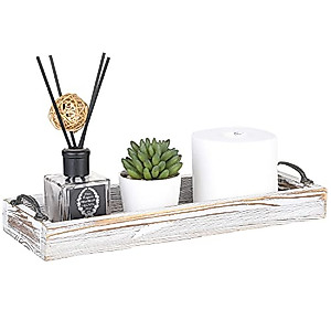 MyGift Weathered White Solid Wood Toilet Tank Tray, 16 Inch Rectangular Bathroom Vanity Tray with Aged Bronze Metal Handles