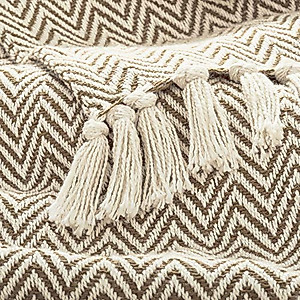 Americanflat 100% Cotton Throw Blanket for Couch - 50x60 - All Seasons Neutral Lightweight Cozy Soft Throws for Bed, Sofa or Chair.door or Outdoor [Khaki and Beige Herringbone]