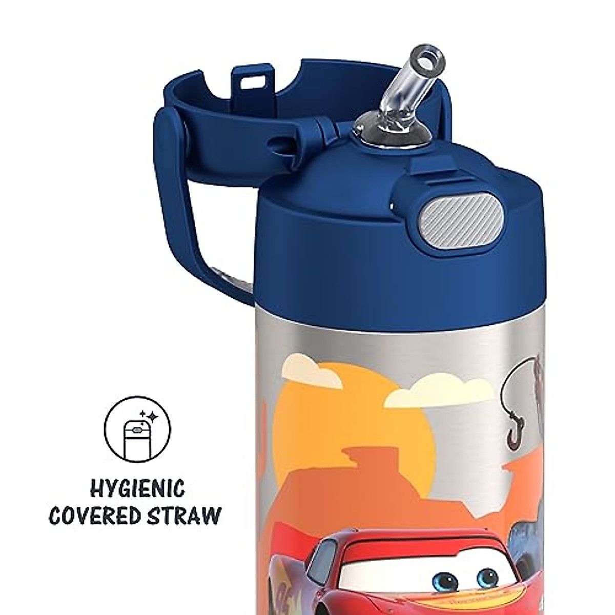 THERMOS FUNTAINER 12 Ounce Stainless Steel Vacuum Insulated Kids Straw Bottle, Cars