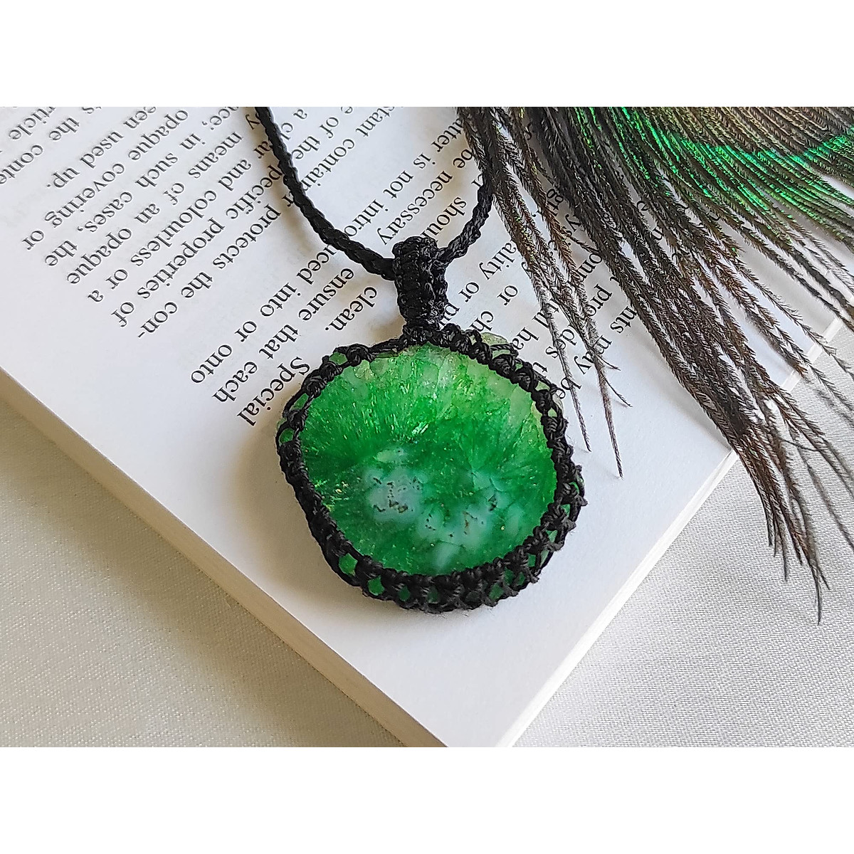 Green Solar Agate Macrame Pendant, Cord Wrapped Macrame Pendant, Gemstone Macrame Jewelry
