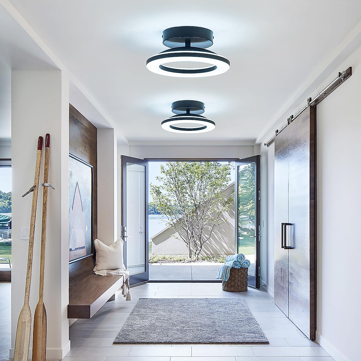 SHIKHO Modern Led Ceiling Light Fixture Black 7.7Inch Round Semi Flush Mount Ceiling Light 12W 6000K Indoor Small Ceiling lamp for Closet Hallway Bathroom Porch Bedroom Kitchen