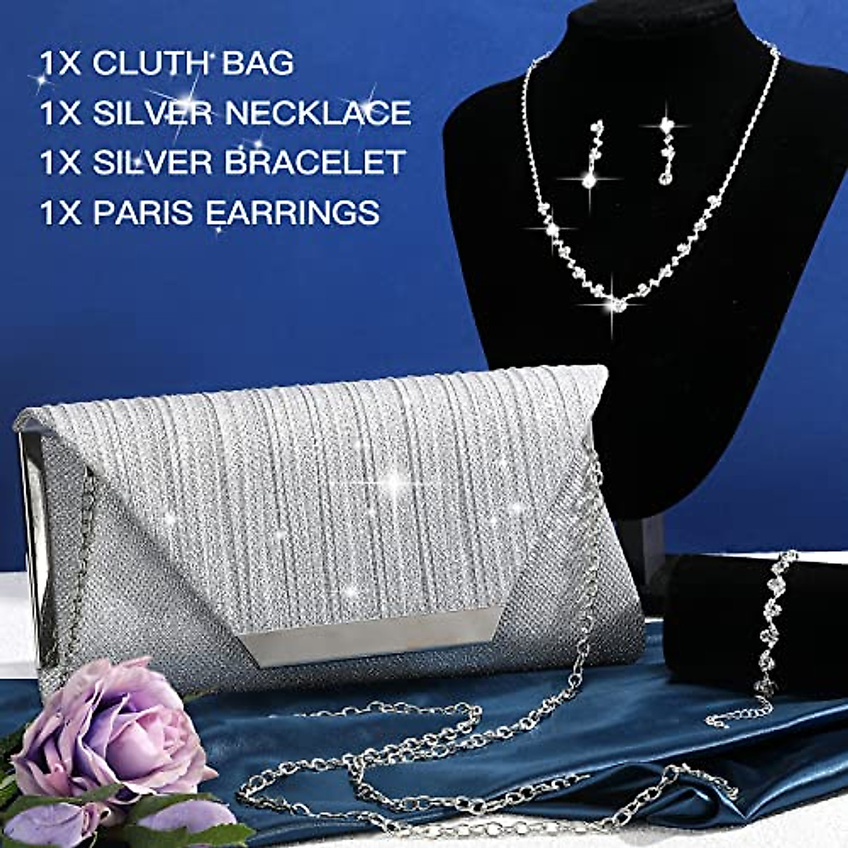 4 Pcs Bling Clutch Purse Rhinestone Jewelry Set for Women Evening Bag Crystal Earrings Bridal Necklace Bracelet Accessories for Wedding Ladies Prom Party (Silver)