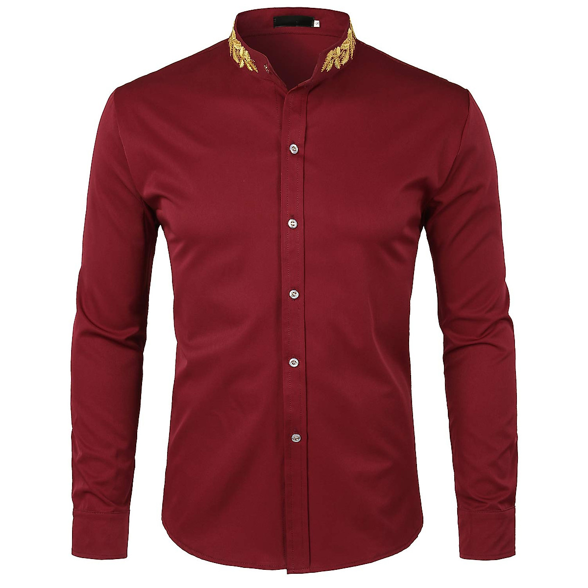 ZEROYAA Mens Hipster Gold Embroidery Mandarin Collar Slim Fit Long Sleeve Casual Dress Shirts Z52 Wine Red XX-Large