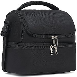 FlowFly Double Decker Cooler Insulated Lunch Bag Large Tote for Boys, Girls, Men, Women, With Adjustable Strap,Black