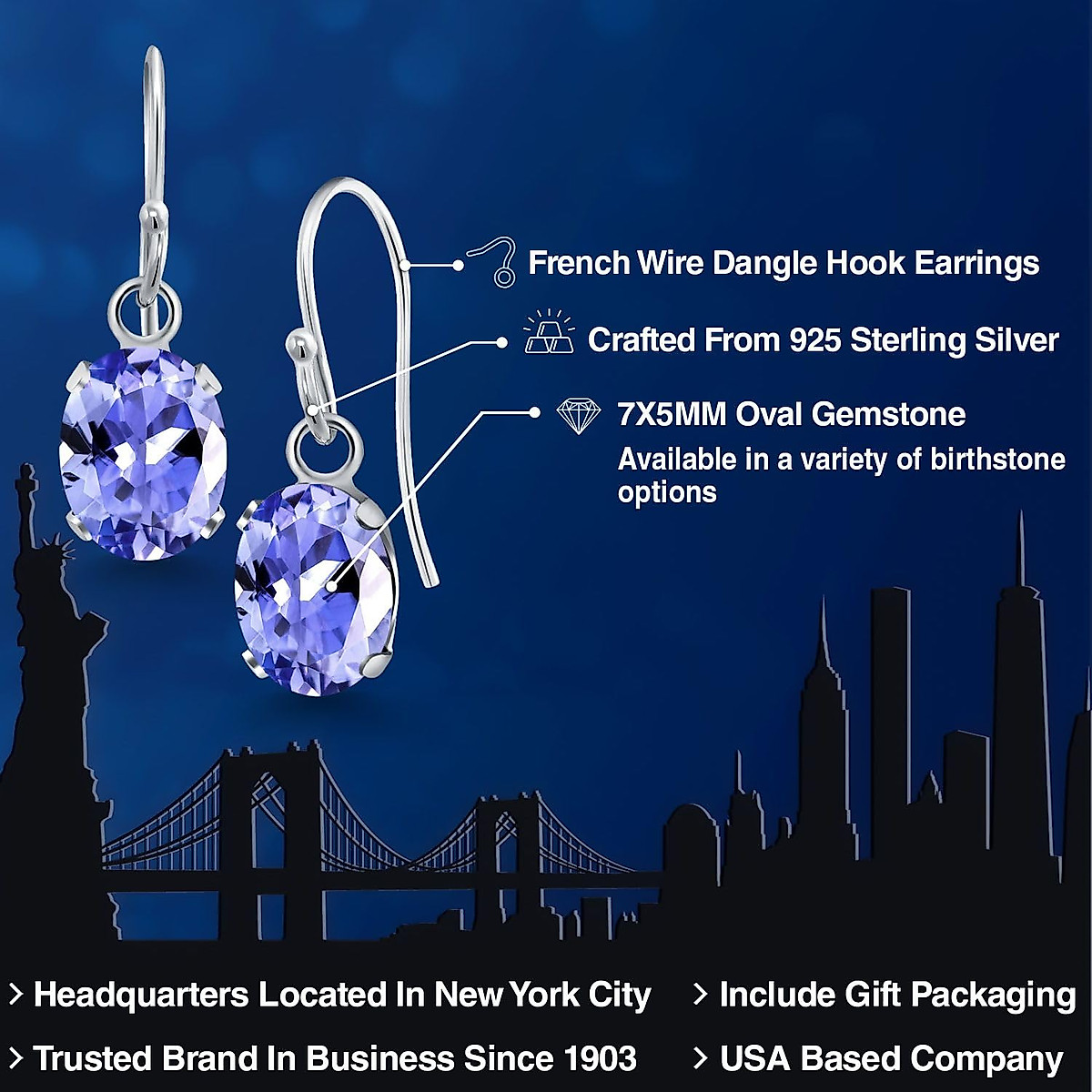 Gem Stone King 925 Sterling Silver Oval 7X5MM Gemstone Birthstone French Wire Dangle Hook Earrings For Women