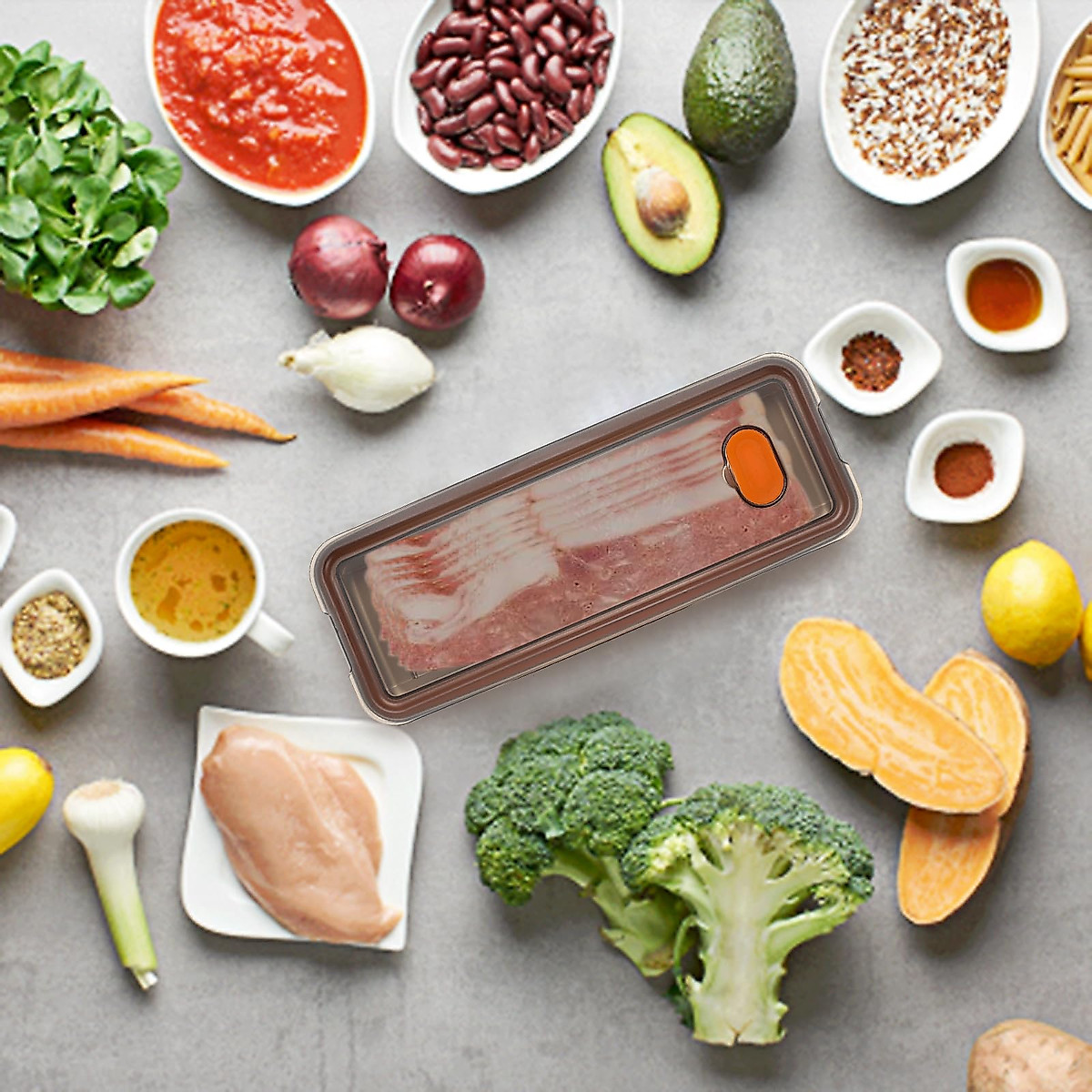 JUXYES Bacon Storage Container for Refrigerator, Stainless Steel Bacon Storage Box for Fridge with Transparent Lid, Airtight Bacon Storage Keeper, Deli Meat Saver Cuts Food Storage Organizer