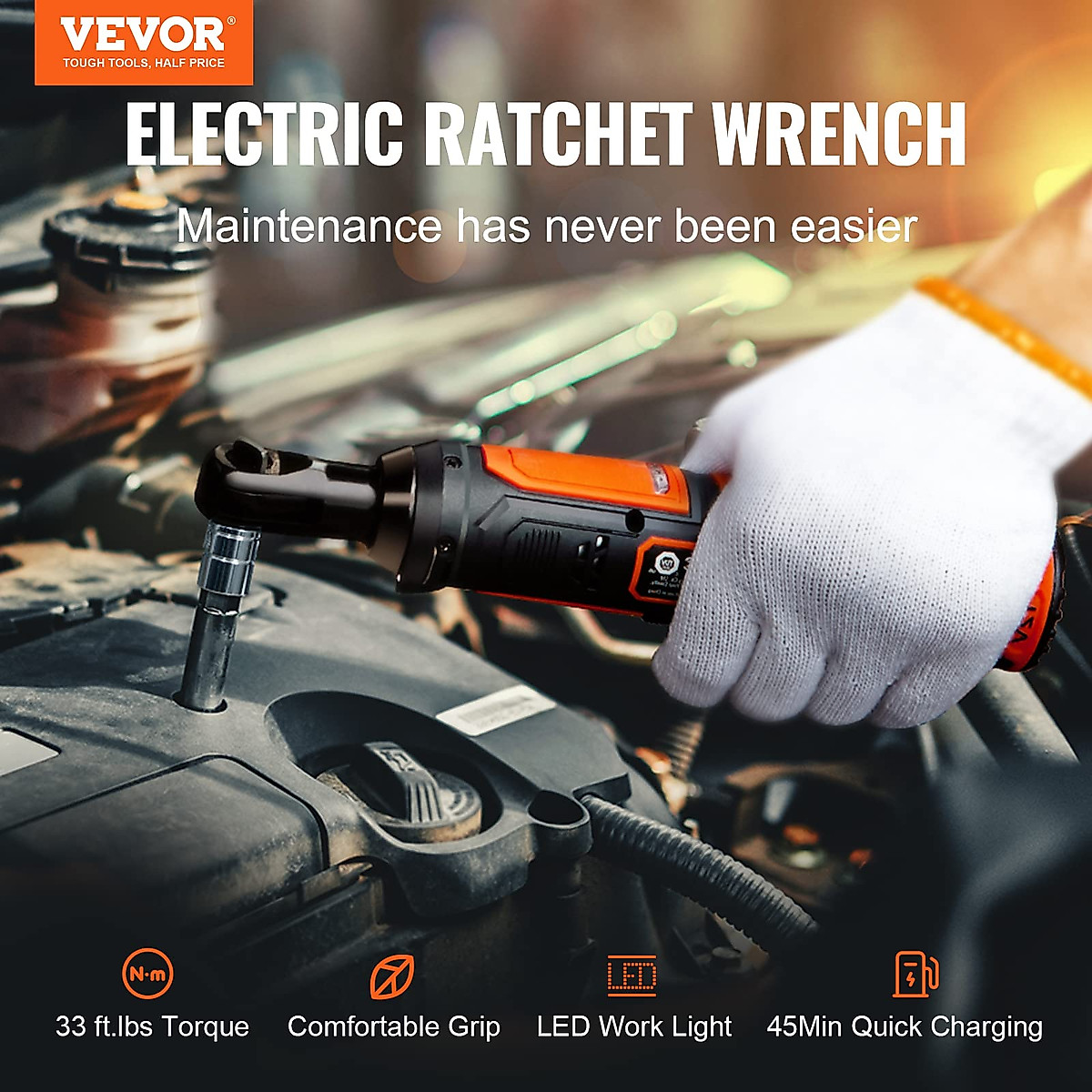 VEVOR 3/8" Cordless Electric Ratchet Wrench Set, 33 Ft-lbs 12V Power Ratchet Tool Kit with 45-Min Fast Charge, 2-Pack 2.0Ah Battery, Built-in LED Light, Variable Speed Trigger, 10 Sockets