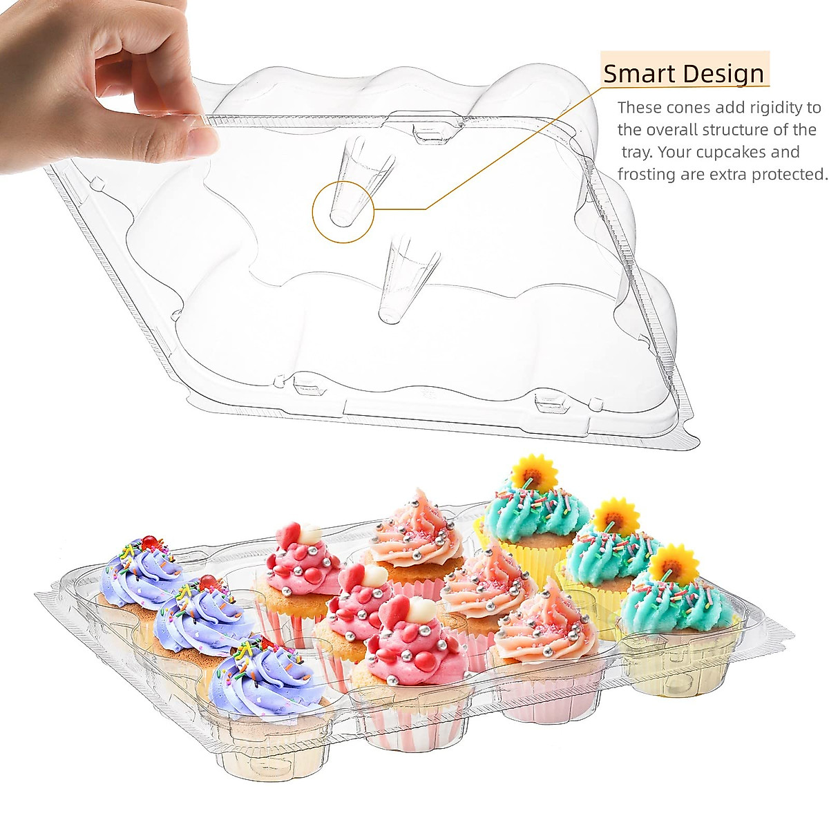 AVLA 24 Pack Mini Cupcake Containers, 12-Count Plastic Cupcake Carrier, Stackable Cupcake Box with Detachable Secure High Top Lid, Disposable Cupcake Holder Tray, Muffin Packaging Transporter To Go