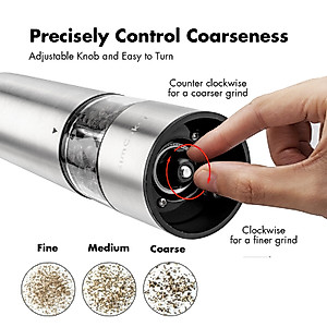 SimCoker Electric Salt and Pepper Grinder Set, Battery Operated Stainless Steel Pepper Grinder Mill Electric with Light, Automatic One Handed Operation, Adjustable Coarseness, Ceramic Grinder, 2 Pack