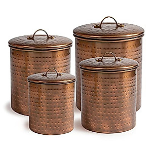 nu steel Hammered Antique Copper Stainless Steel 4pc Canister Set, Beautiful Food Storage Container for Kitchen Counter, Tea, Sugar, Coffee, Caddy, Flour Canister with Rubber seal lid, TG-1843AC-SET4