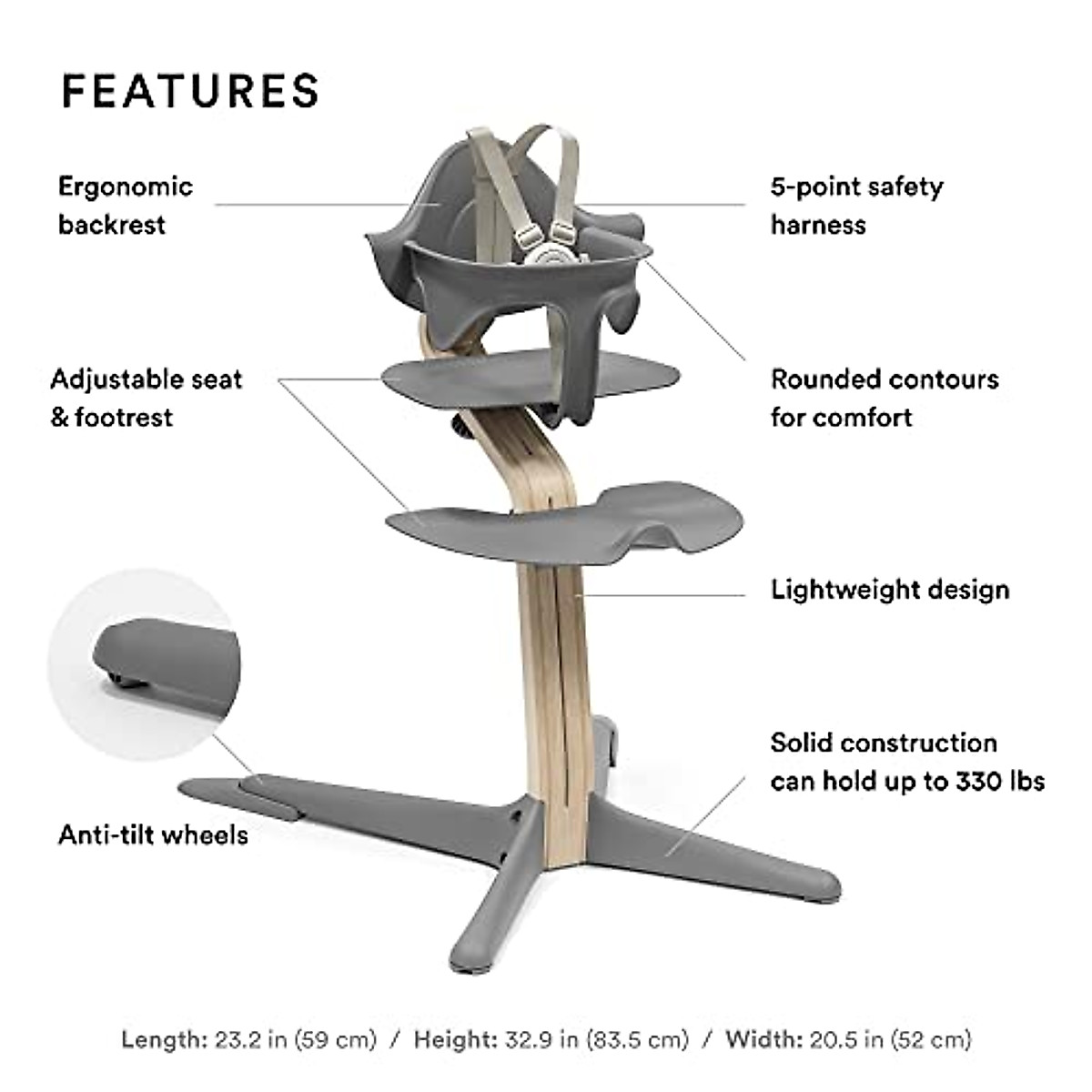 Stokke Nomi High Chair, Grey/Natural - Inspires Active Sitting - Tool-Free, Seamless Adjustability - Includes Baby Set with Removable Harness for Children 6-24 Months