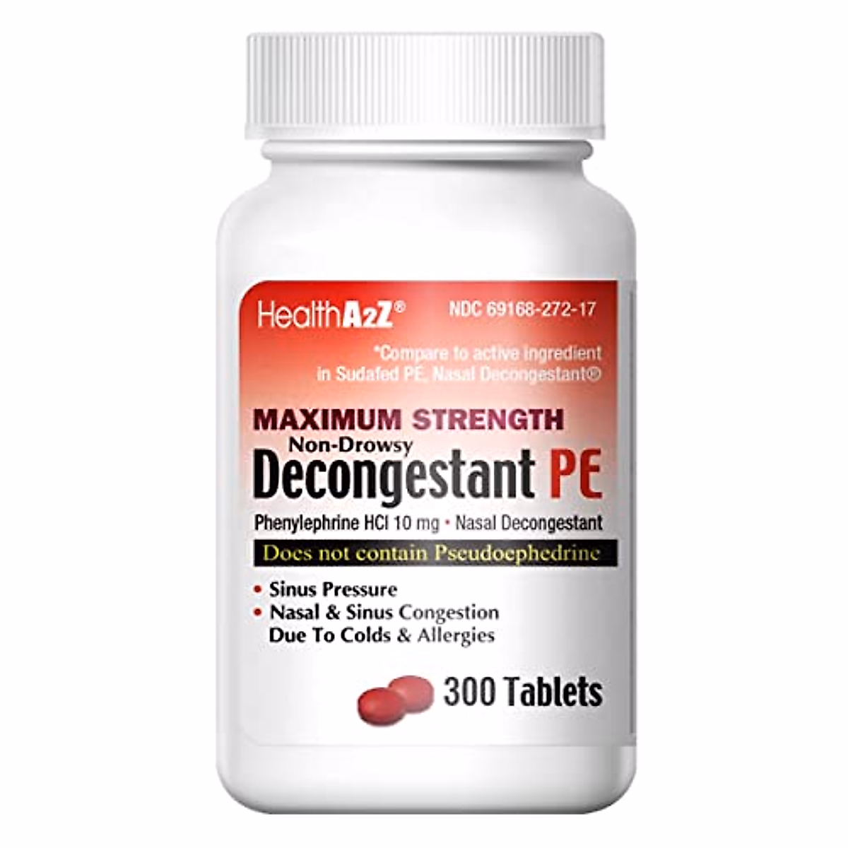 HealthA2Z Decongestant PE 300 Counts | Phenylephrine HCl 10 mg | Maximum Strength | Non Drowsy Nasal & Sinus Congestion Relief Due to Cold & Allergies