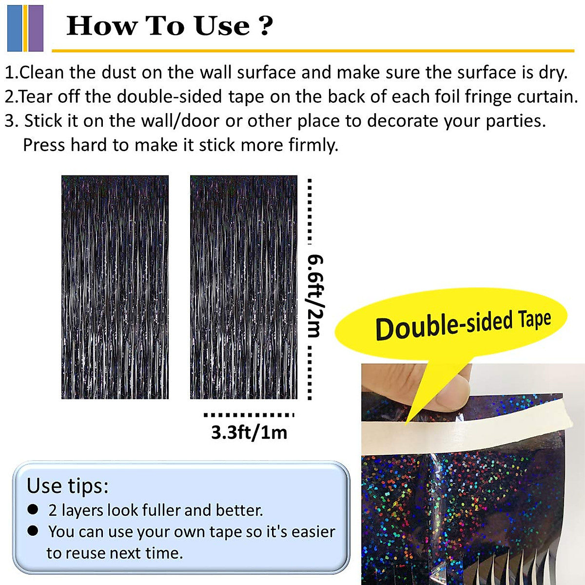 Vanujoy Iridescent Black Foil Fringe Backdrop Curtains 2024 Graduation Party Decoration - 2 Pack Tinsel Party Door Wall Curtain for Birthday Bachelorette Party Engagement Bridal Shower Baby Shower