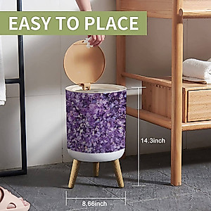 IBPNKFAZ89 Small Trash Can with Lid Violet Purple Amethyst Quartz Crystal Geode Garbage Bin Wood Waste Bin Press Cover Round Wastebasket for Bathroom Bedroom Office Kitchen, 8.66x14.3inch