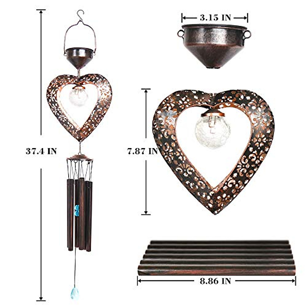 newvivid Solar Powered Wind Chimes Solar Heart-Shaped LED Wind Chimes Crackle Glass Ball LED Light with Metal Tubes Waterproof for Home Garden Patio Party Festival Decor…