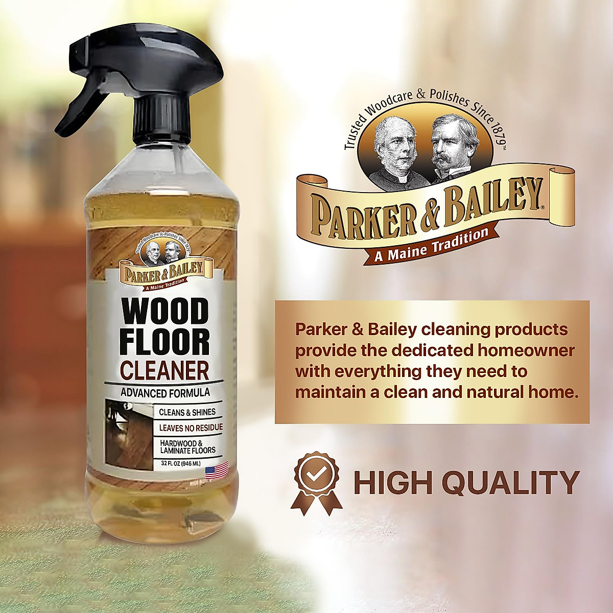 Parker & Bailey WOOD FLOOR CLEANER – Use on Hardwood, Laminated or Faux Finshed Floors. Shine Restorer Protector, Surface Cleaner House Cleaning Supplies Home Improvement, Natural Look, Cuts Grease