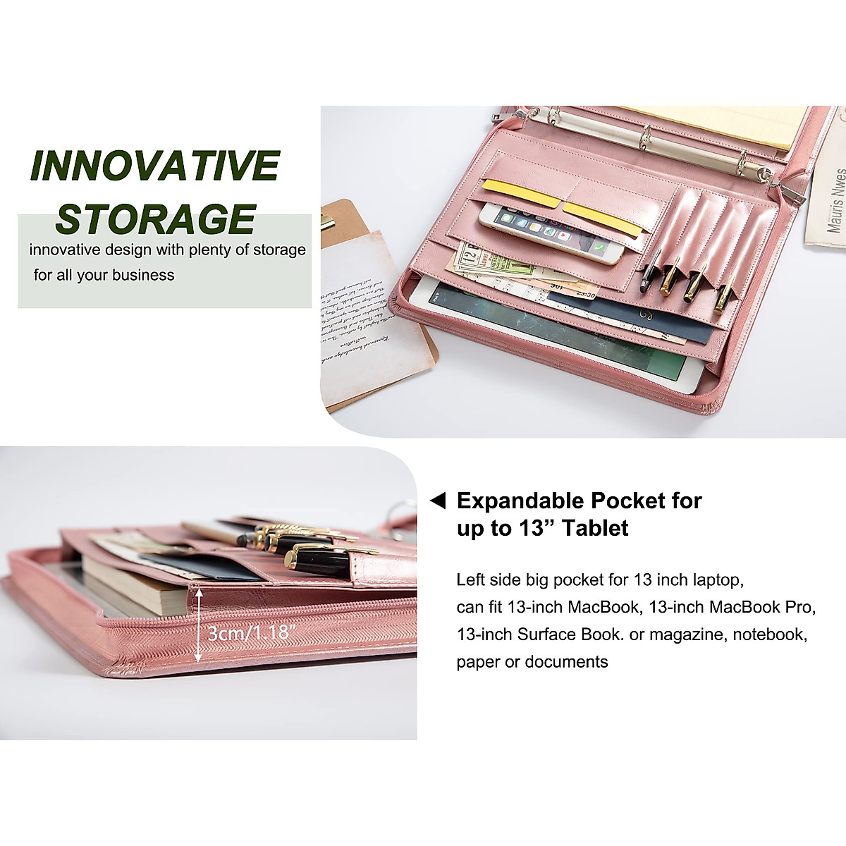 AZXCG Zipper Binder Portfolio for Women, 3 Ring Binders 1 inch, PU Leather Padfolio Folder, Business Portfolio Organizer with A4 Legal Pads, Thin Leather Professional Binder, Gift for Her, Rosegold