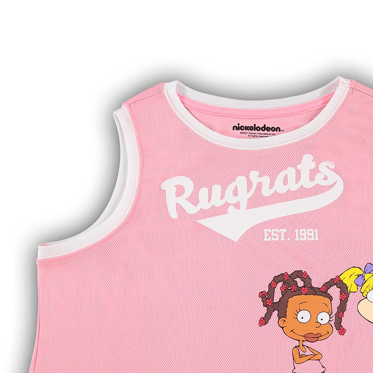 Ladies Rugrats 90's Fashion Shirt - Rugrats Angelica and Reptar Mesh Tank Top (Pink White, Large)