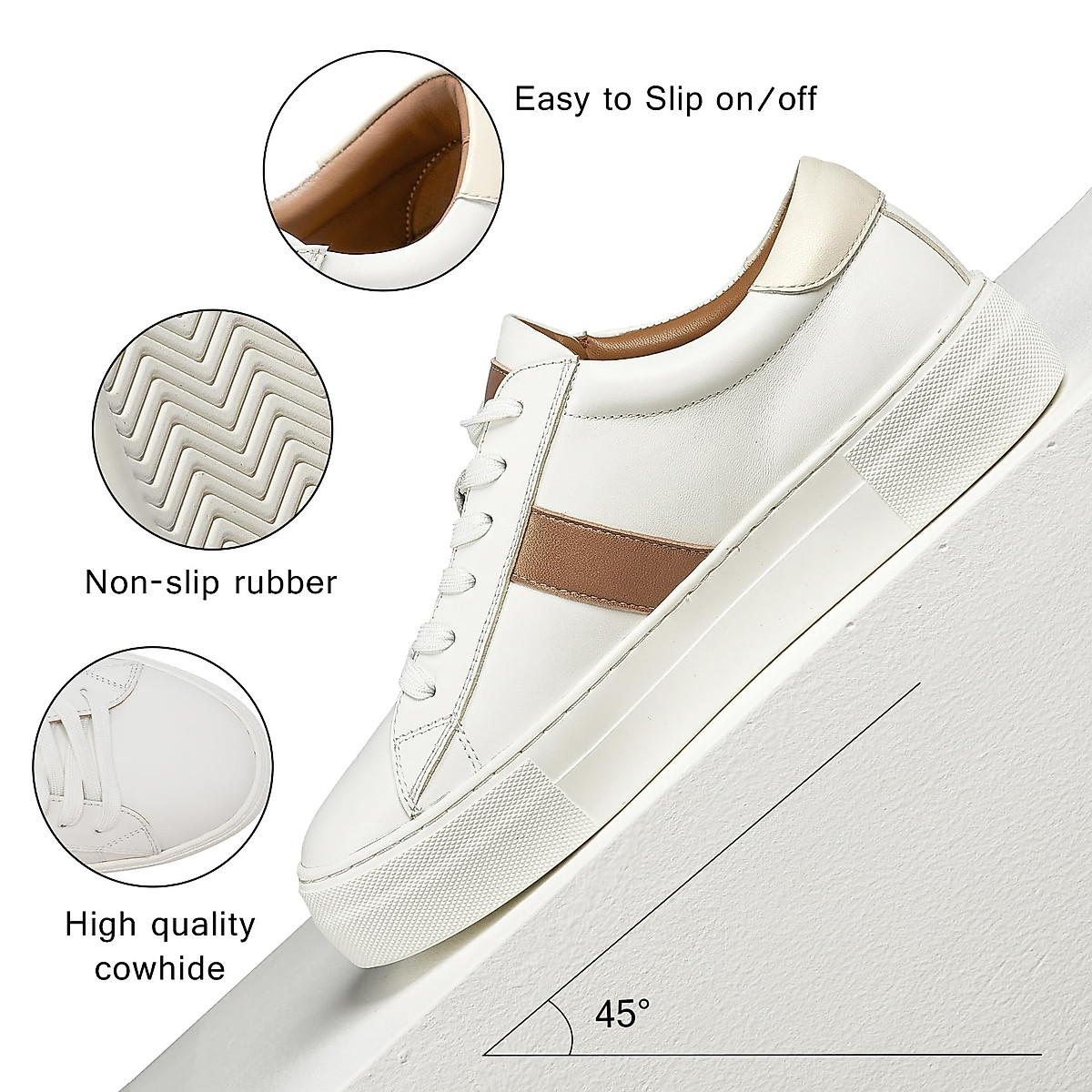 AiciBerllucci Women's Casual Sneakers,Leather Platform Sneakers for Women Fashion,Lace Up Walking Sneakers Comfortable,Street Platform Sneakers Low Top Authentic Shoes White 99AP48-WhiteBrown-7.5
