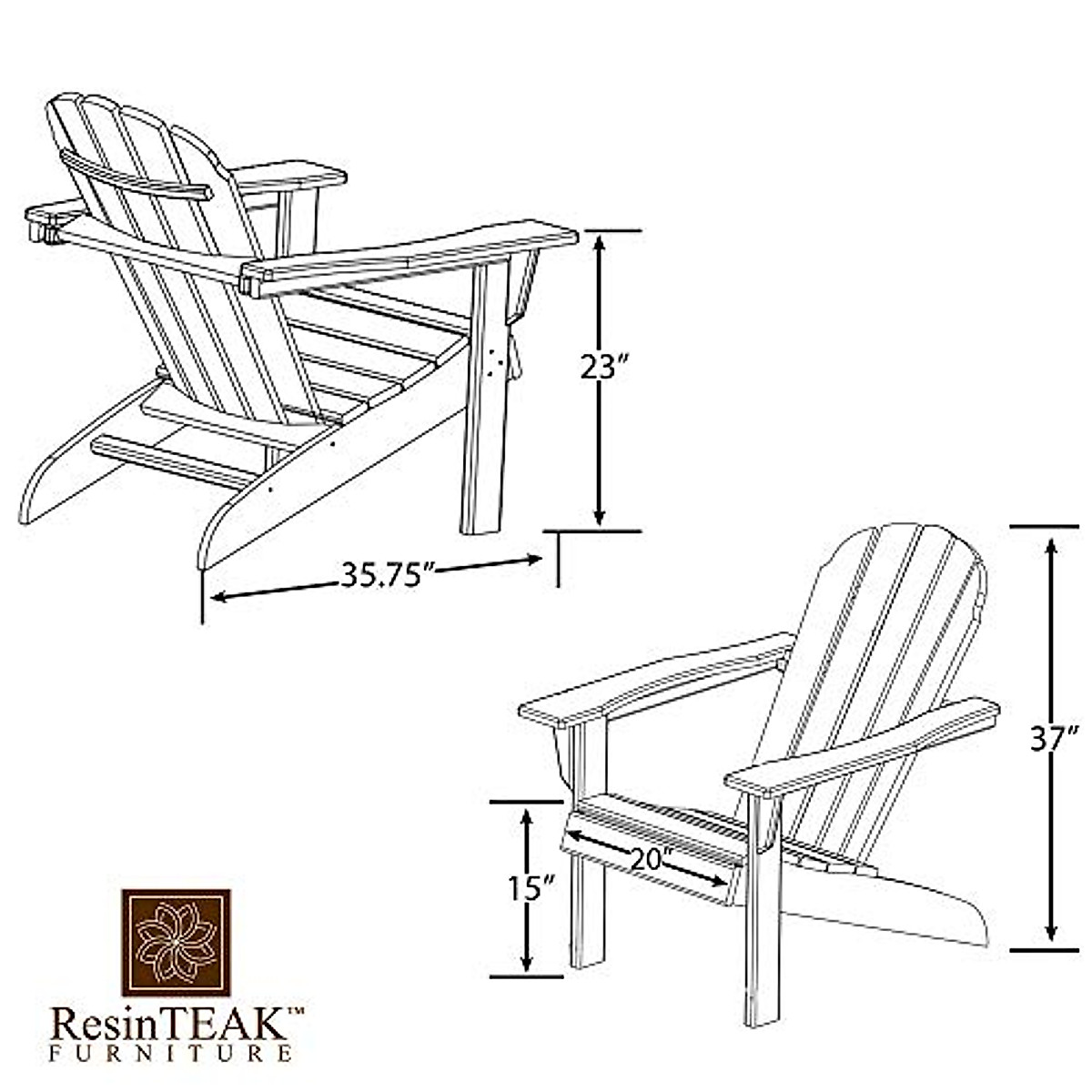 Resin TEAK Essential Adirondack Chair, Premium All Weather Outdoor Patio Furniture, 20 Inch Wide Seat, Up to 350 lbs, Outdoor Patio Chairs for Deck, Porck & Backyard (White)