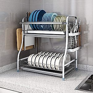 Plate Rack Dish Drainer Rack 2/3-Layer Kitchen Supplies Storage Draining with Chopsticks/Knives/Cutting Board Holder Pan Plate Holder (Color : Silver, Size : 2-Tier)