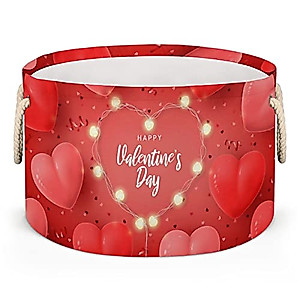 Red Valentines Day Love Heart (17) Large Round Baskets for Storage Laundry Baskets with Handles Blanket Storage Basket for Bathroom Shelves Bins for Organizing Nursery Hamper Girl Boy