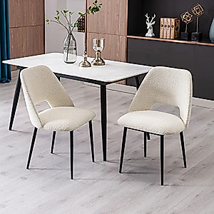 JIRAIN Mid Century Modern Dining Chair Set of 2, Boucle Fabric Upholstered Dining Chairs with Metal Legs, Round Back Sherpa Chairs for Kitchen Living Room（Armless, Beige）