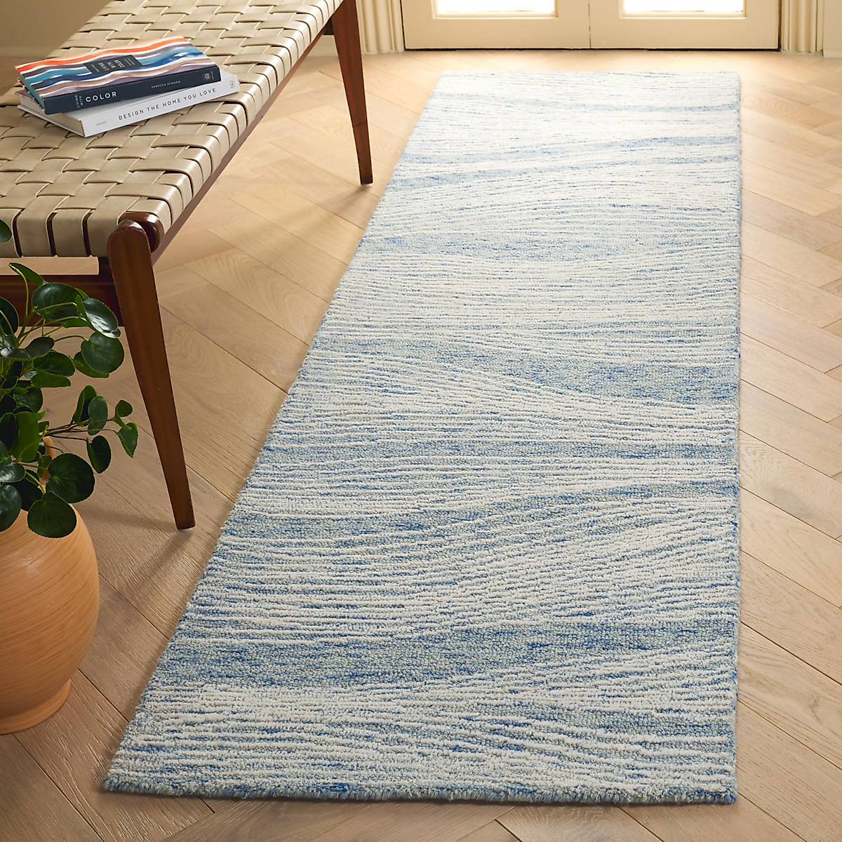 SAFAVIEH Metro Collection Runner Rug - 2'3" x 12', Blue & Ivory, Handmade Modern Wool, Ideal for High Traffic Areas in Living Room, Bedroom (MET995M)
