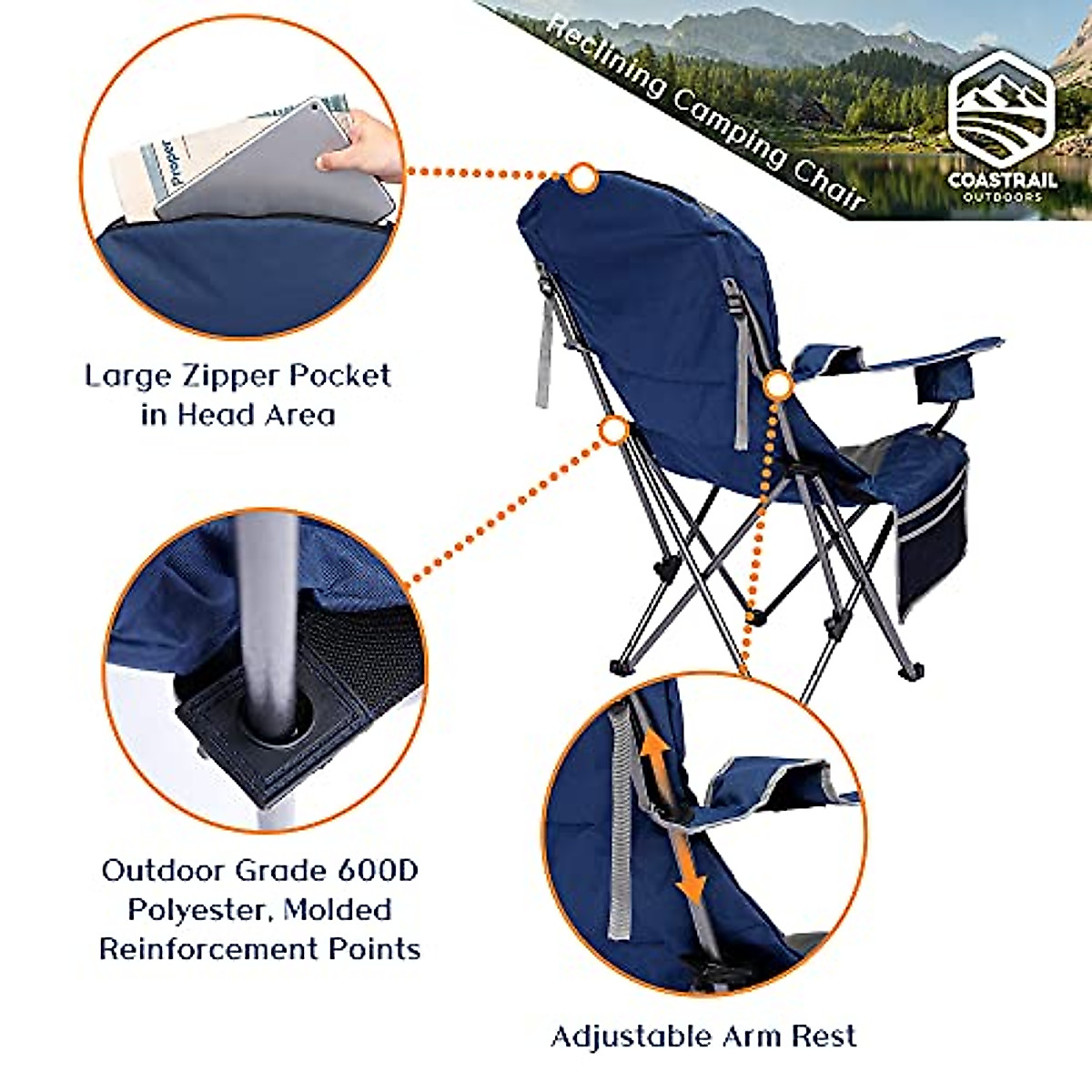 Coastrail Outdoor Reclining Camping Chair 3 Position Folding Lawn Chair for Adults Padded Comfort Camp Chair with Cup Holders, Head Bag and Side Pockets, Supports 350lbs, Blue&Grey