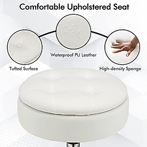 COSTWAY Counter Height Bar Stool, Tufted PU Leather 20"-26" H Adjustable Swivel Vanity Chair with Removable Tray Top and Storage Space, Modern Round Ottoman for Makeup Kitchen Island Shop, White