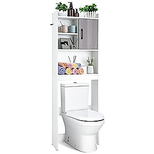Giantex Over-The-Toilet Space-Saving Storage Cabinet - 4-Tier Freestanding Bathroom Organizer with Open Shelves & Door, Toilet Storage Rack for Bathroom, Laundry, Balcony, White