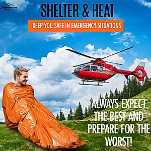 Emergency Sleeping Bag & Tent Shelter, Stocking Stuffer! Combo Prepper kit Survival Tent, Bivy Sack Tent, Sleeping Bag, Fire Starter + Whistle, Mylar Thermal Adventure Supply Co.